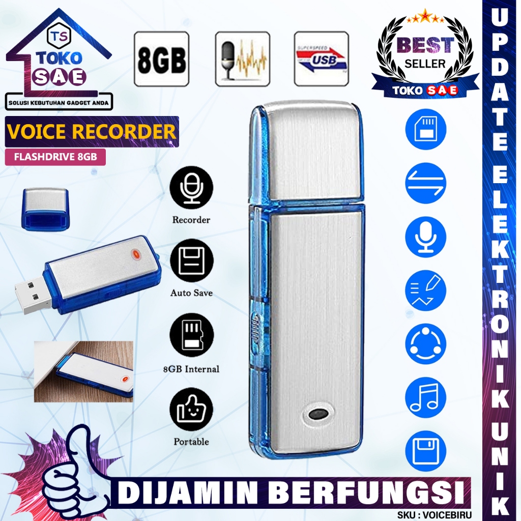 Jual Perekam Suara Mini USB 8GB Biru Blue Voice Recorder Tersembunyi ...