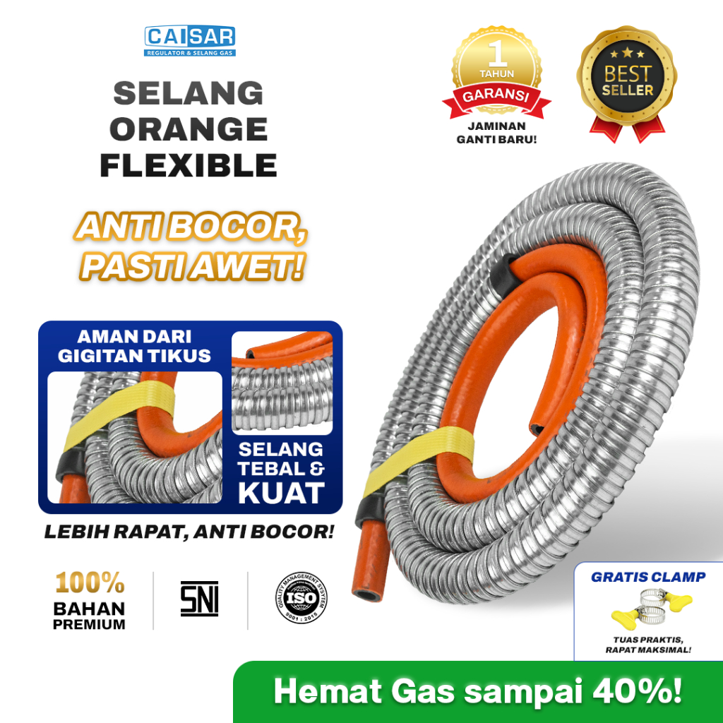 Jual CAISAR - Selang Gas Orange Flexible Tebal ANTI BOCOR + Klem Clamp ...