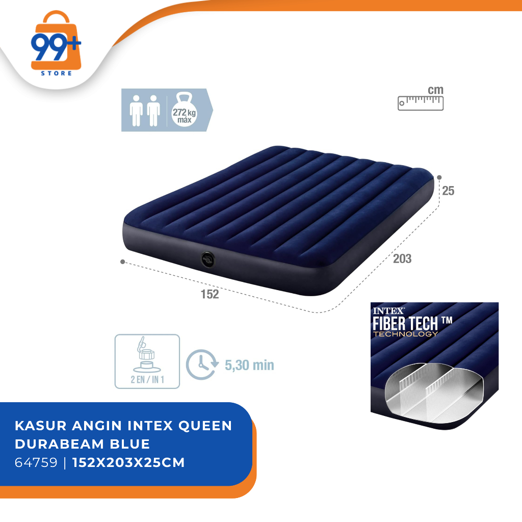 Jual Kasur Angin INTEX Queen Durabeam Blue 152x203x25cm | Permukaan ...