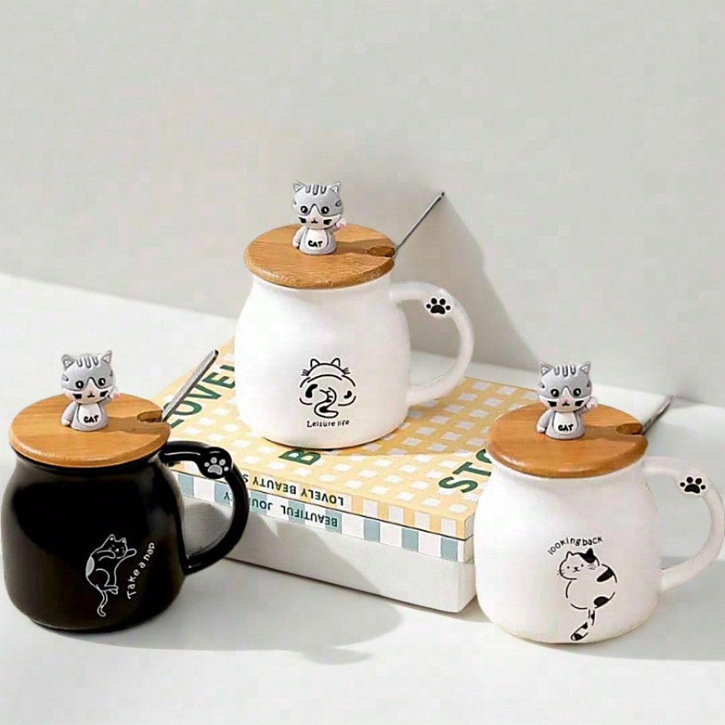 Jual Mug Motif Kucing dengan Tutup Kayu / Cangkir Cute Kucing | Shopee ...