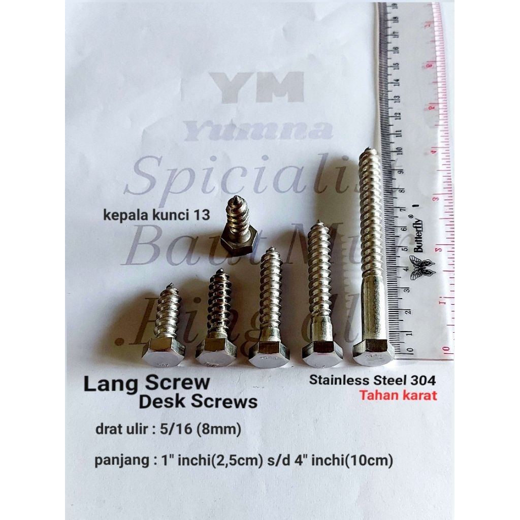 Jual Lang screw/ Desk screw Stainless 304 5/16 inchi ( panjang 1" inchi ...