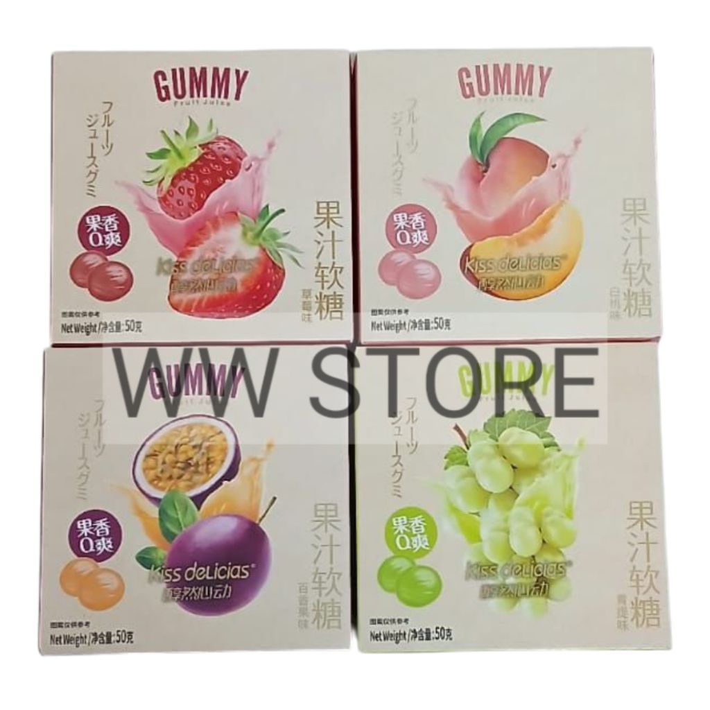 Jual Permen lunak jeli rasa buah anggur stroberi persik markisa halal MUI kiss delicias GUMMY ...