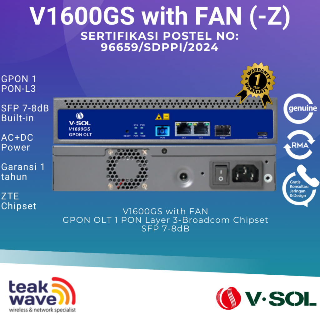 Jual V-SOL V1600GS with FAN (Z) WITH FAN L3 1 Port GPON OLT VSOL AC+DC ...