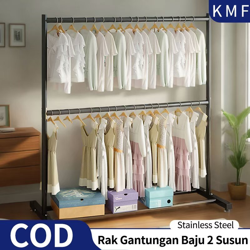Jual SUS304 Rak Baju Gantung Berdiri 2 Susun Rak Gantungan Baju Besi ...