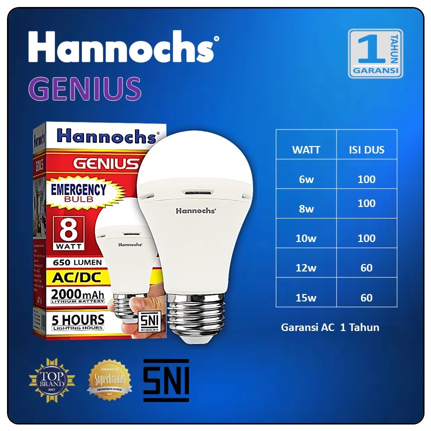 Jual HANNOCHS GENIUS LAMPU PADAM EMERGENCY LAMP LED 6W/8W/10W/12W/15W ...