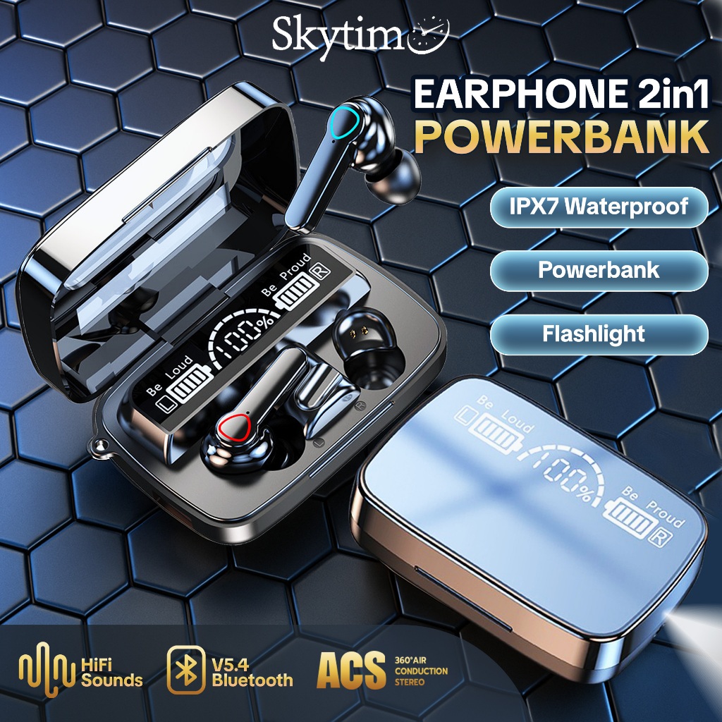 Jual Skytime Earphone Bluetooth EP20 (M19pro) Wireless Headset Powerbank Flashlight LED Battery ...