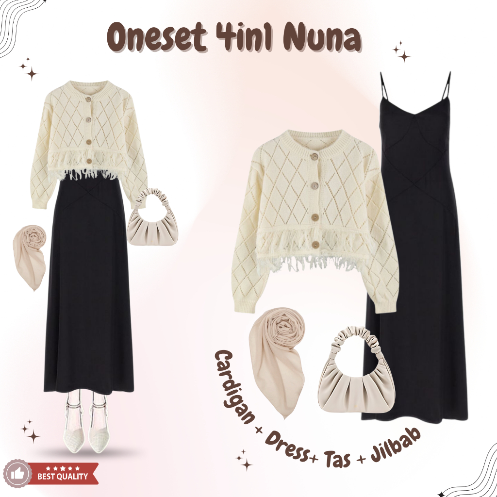 Jual One Set 3in1 Wanita Kekinian (Cardigan Rawis + Dress Satin + Hijab Bella) OOTD Korean Style ...