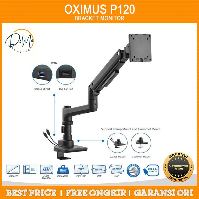 Jual OXIMUS P120 Heavy Duty Gas Spring Monitor Arm upto 49" / 20Kg USB ...