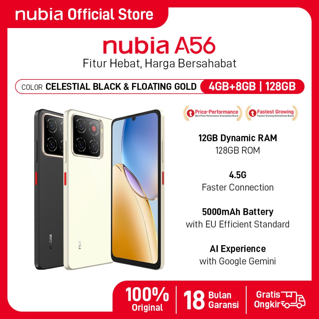 Jual Handphone nubia A56 ROM 128GB RAM 12GB (4+8GB) Smartphone Kamera AI 13MP Triple Camera ...