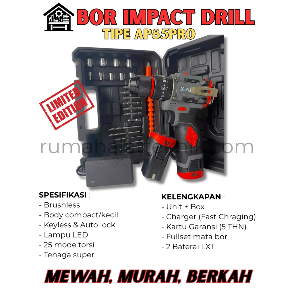 Jual APR BOR IMPACT DRILL AP85PRO 10MM KEYLESS AUTO LOCK 2BATERAI MESIN ...