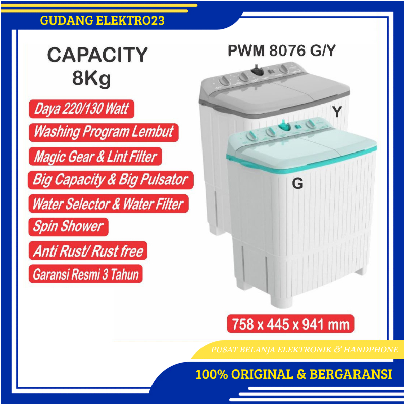 Jual Mesin Cuci 2 Tabung Polytron PWM-8076 kaps 8kg GARANSI RESMI ...