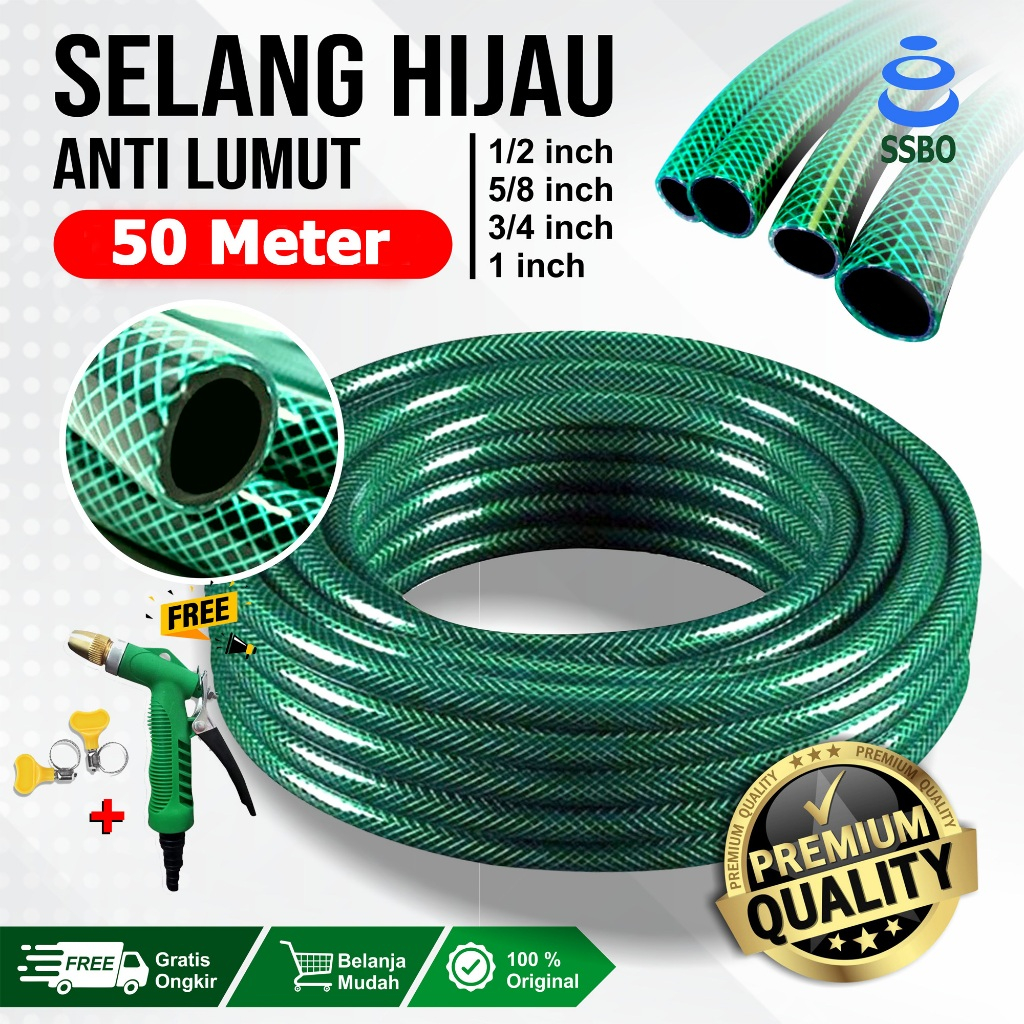 Jual SSBO Selang Air 1 Rol 50 Meter Selang Air Hijau Anti Lumut 1/2 5/8 3/4 1 Inch Selang Air ...