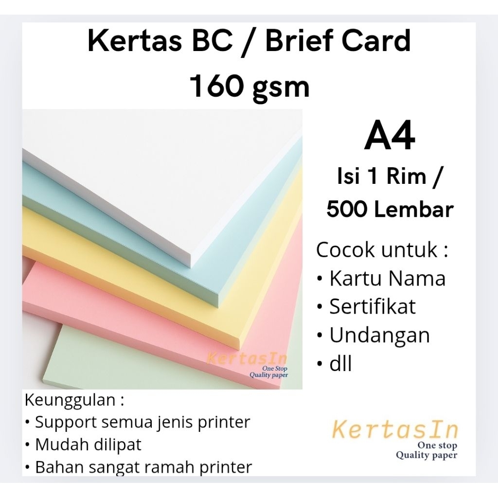 Jual Kertas BC 160 gsm A4 Isi 1 Rim / 500 Lembar Warna Pastel – Karton ...