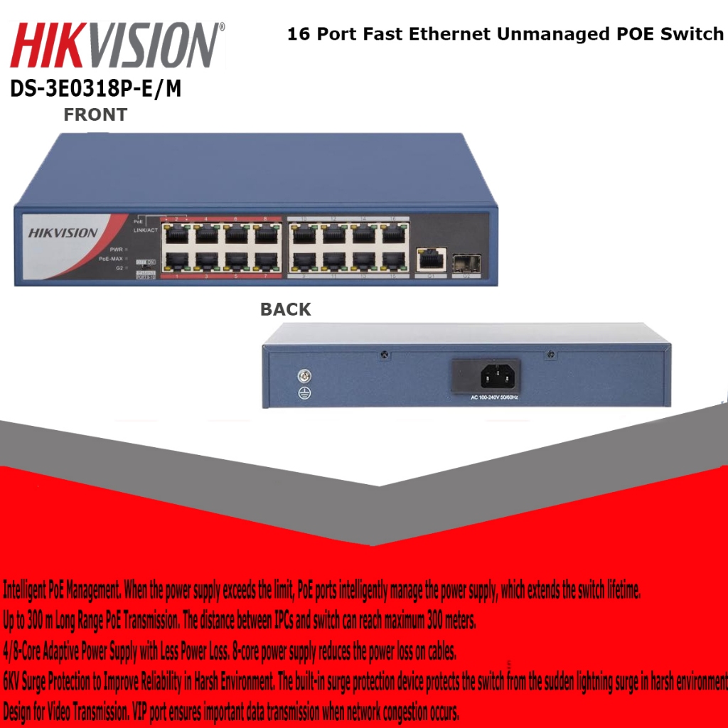 Jual Hikvision 16 Port Fast Ethernet Unmanaged POE Switch DS-3E0318P-E ...