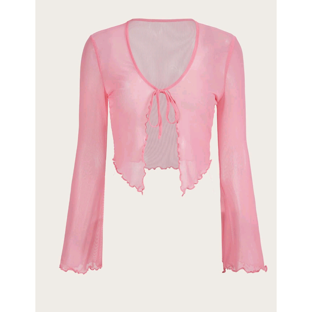 Jual SC Icon Tie Front Lettuce Trim Trumpet Sleeve Mesh Y2k Top ...