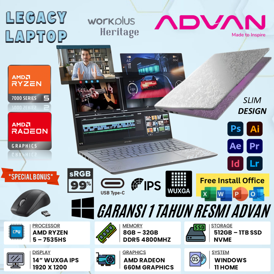 Jual Laptop ADVAN WorkPlus Heritage 14 Amd Ryzen 5 7535HS Ram 32GB 1TB ...
