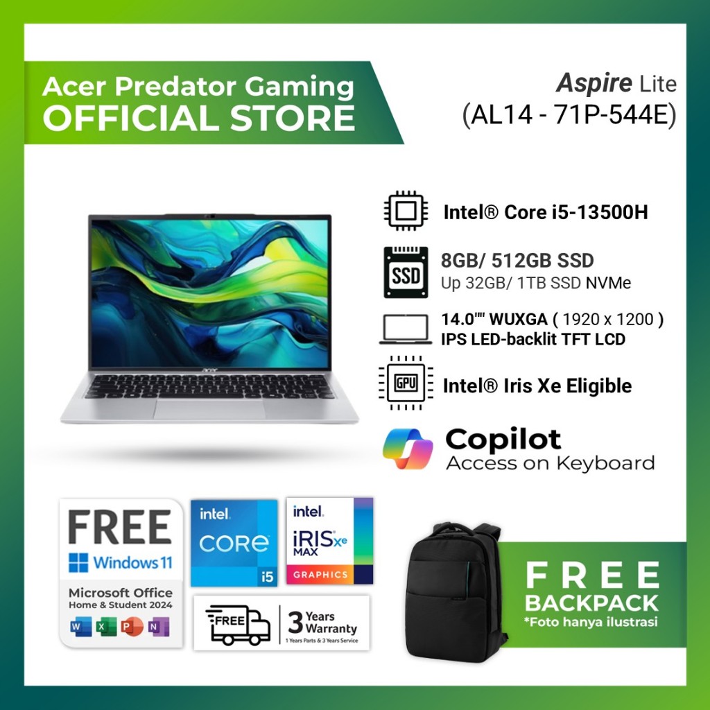 Jual [ FREE TAS ] ACER ASPIRE LITE AL14 I5 13500H 8GB 512GB WINDOWS 11 ...