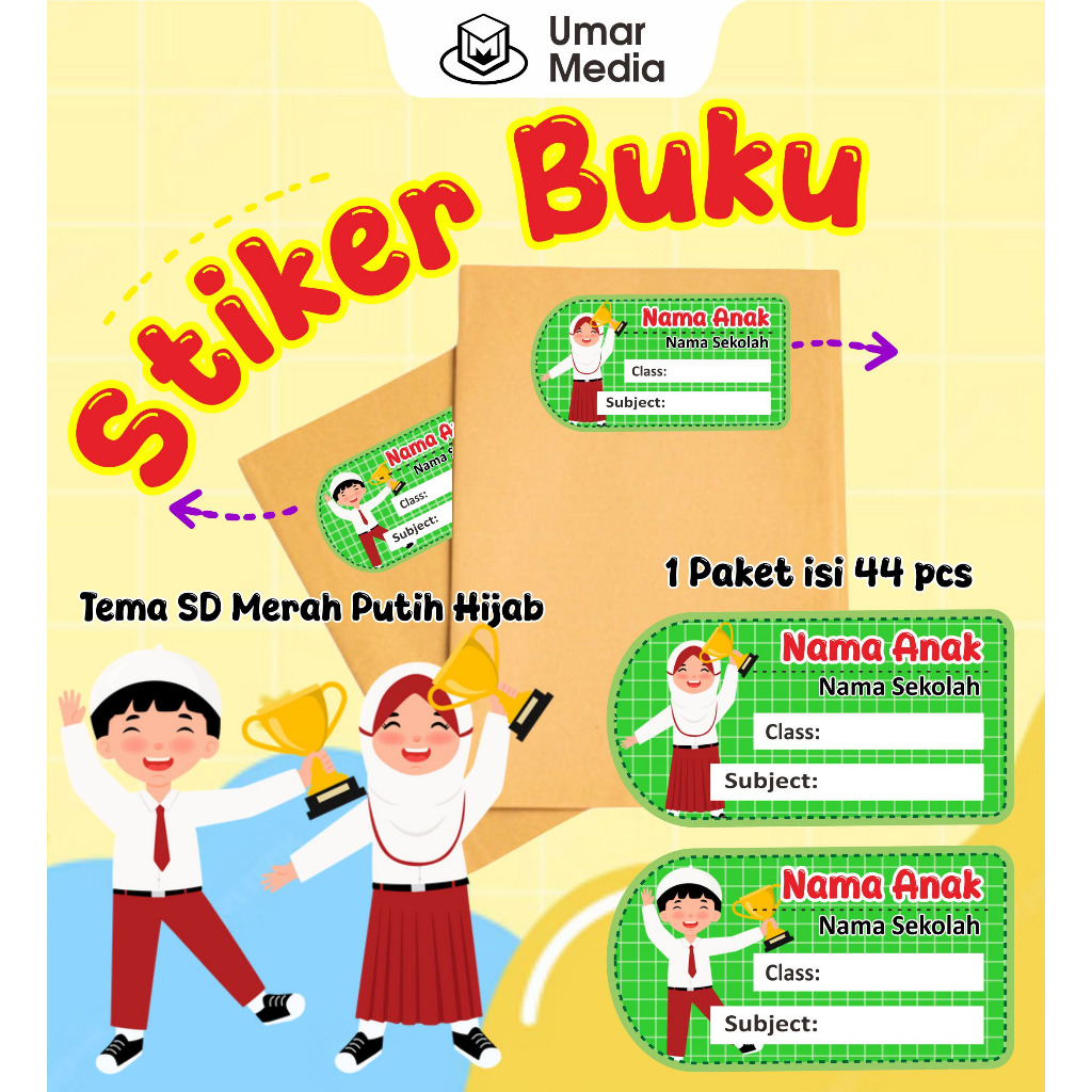 Jual Label Nama Buku Stiker Nama Tema SD Hijab Sticker Buku Mapel Label ...