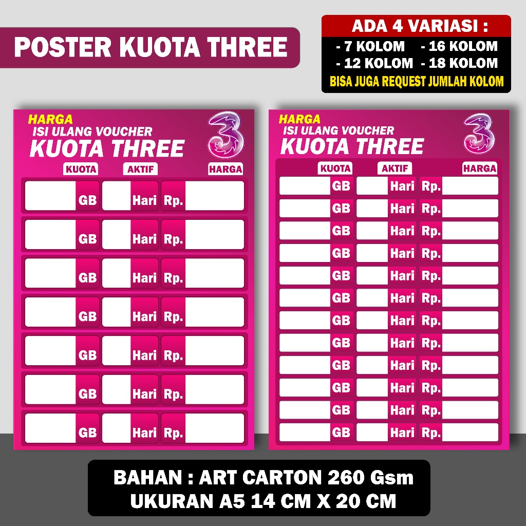 Jual POSTER KONTER DAFTAR HARGA ISI ULANG KUOTA VOUCHER 3 THREE (CUSTOM ...