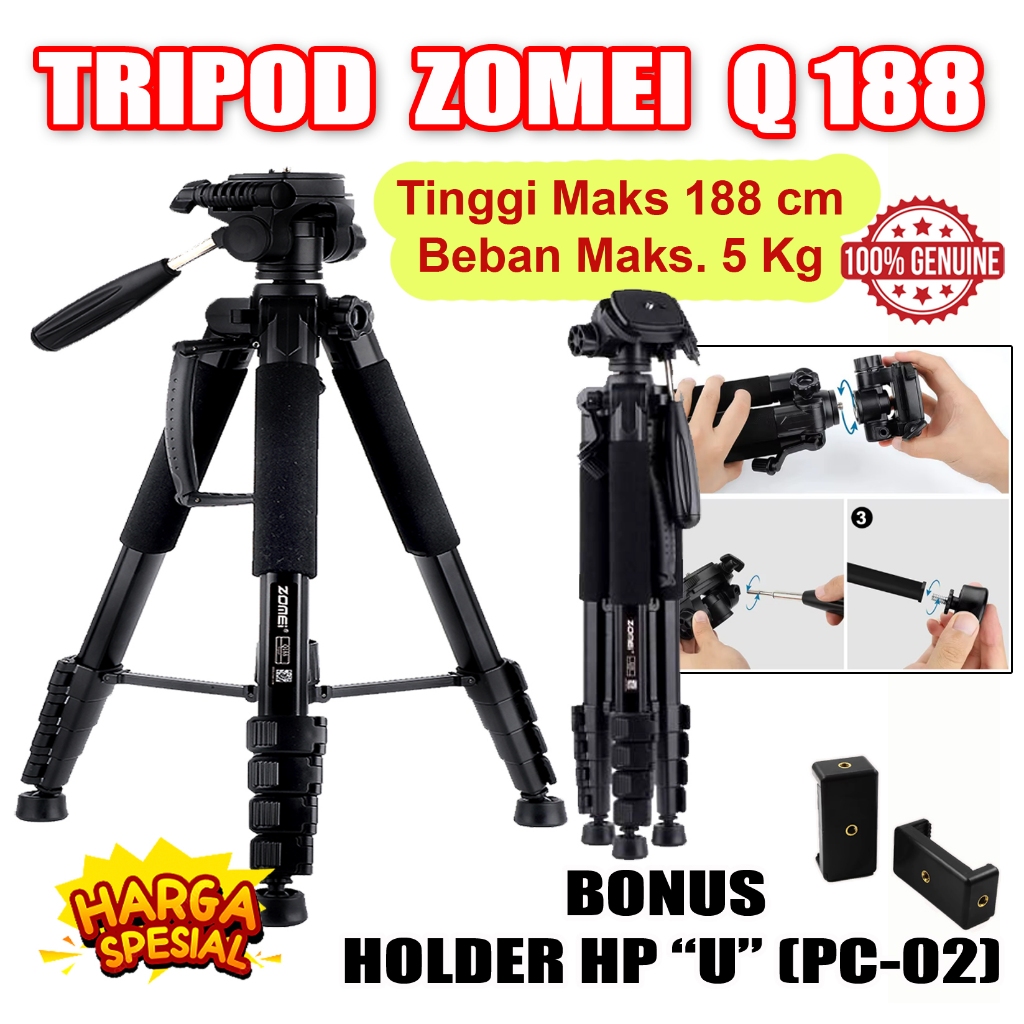 Jual Tripod Profesional Zomei Q188, Tinggi 188 cm, Original Bonus ...