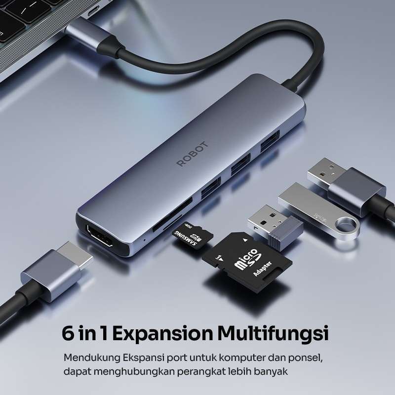 Jual ROBOT HT360 USB HUB MULTIPORT 6IN1 USB, TYPE C, SD CARD, MICRO SD ...