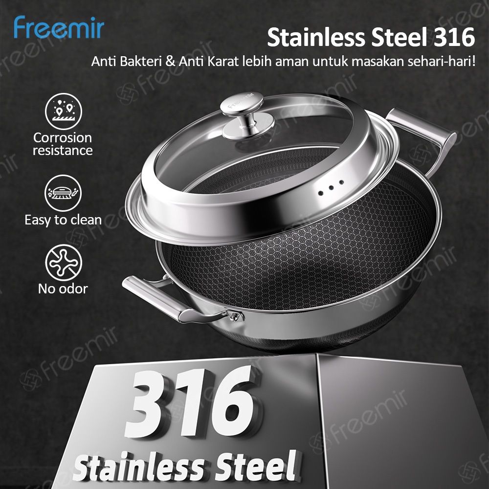 Jual freemir Wajan Stainless Steel 316 Honeycomb 32cm – Anti Lengket, Induksi | Kapasitas 7L ...