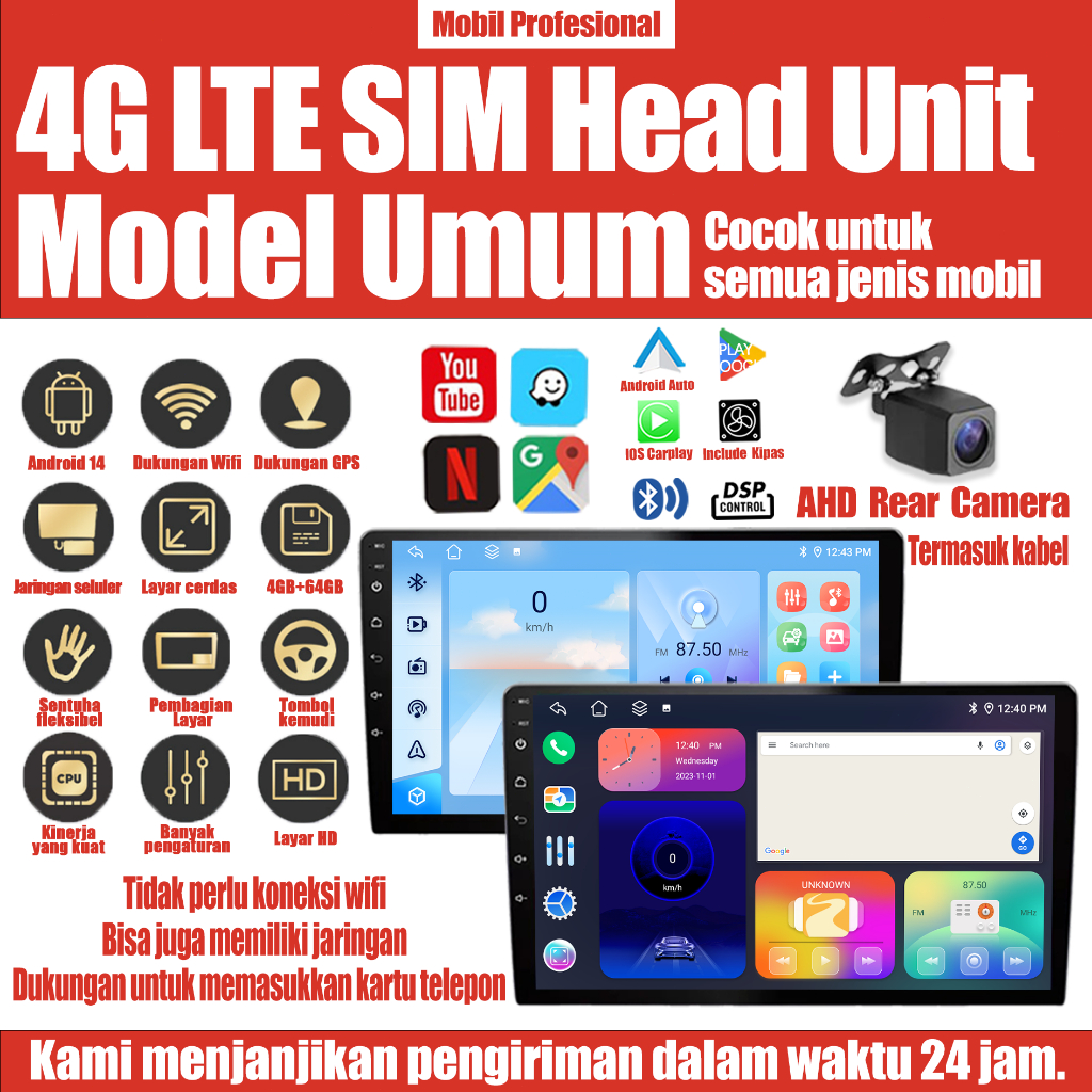 Jual 4G SIM Card head unit android 9 inch 8 chip nuklir 8+128GB Kamera ...