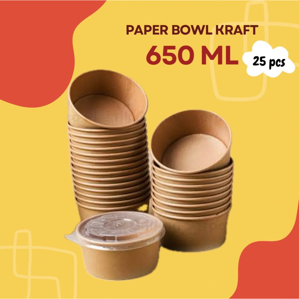 Jual PAPER BOWL KRAFT + TUTUP 650 ML [25 pcs] | Shopee Indonesia