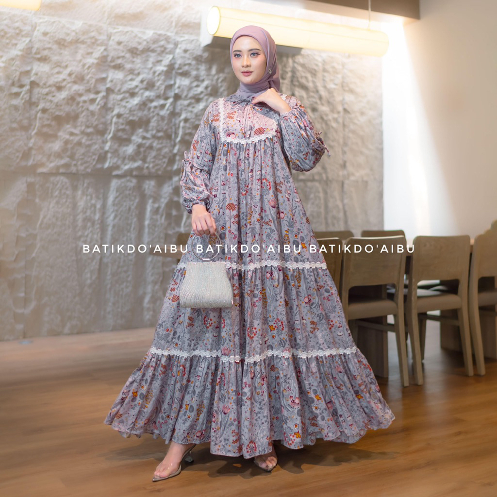 Jual Hayvana Renda Dress - Gamis Rempel Renda Gamis Susun Lengan Balon Pita Gamis rayon premium ...