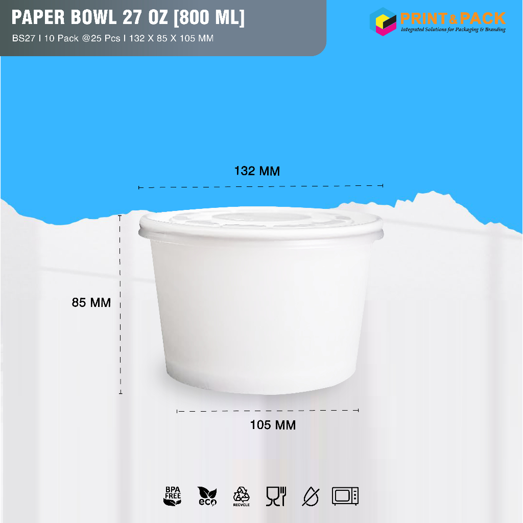 Jual Paper Bowl Polos Murah 800ml + TUTUP isi 25 pcs / Mangkok Kertas ...