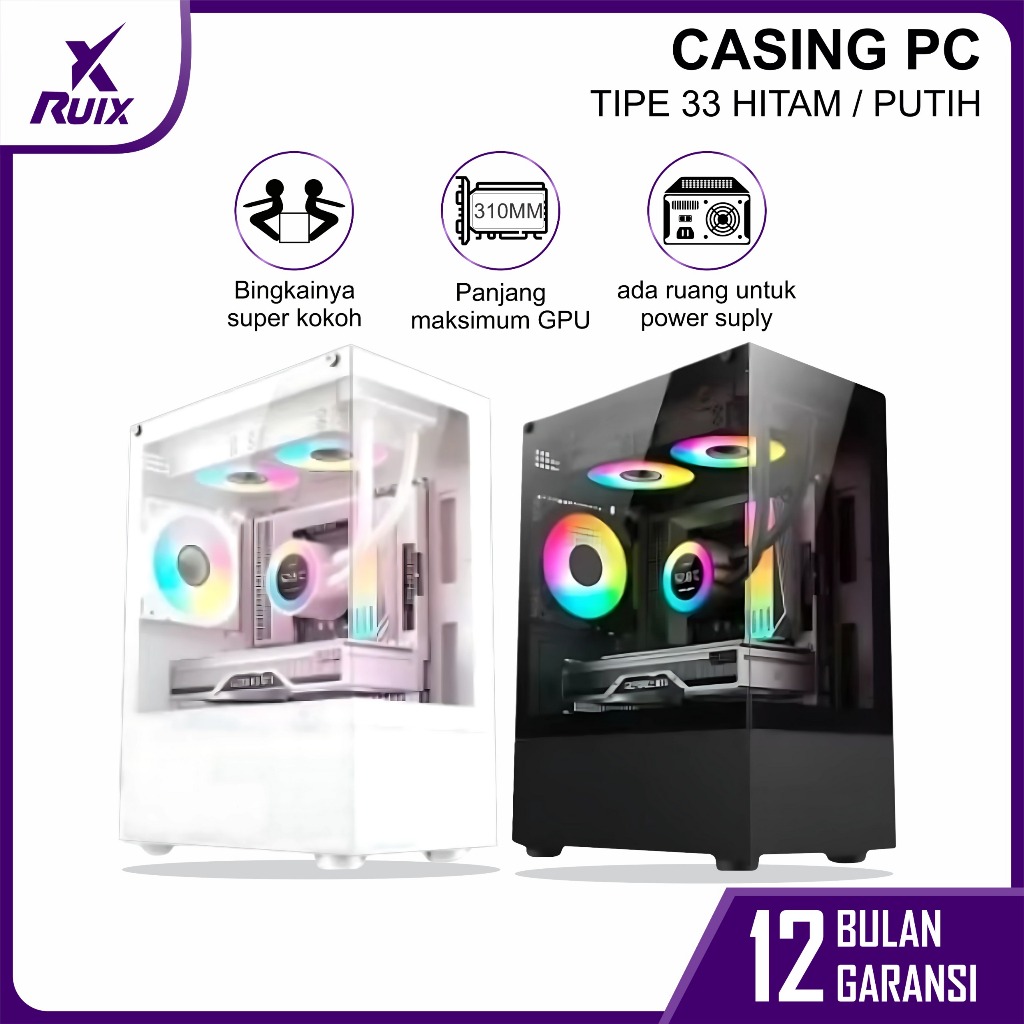 Jual RUIX Casing PC Gaming 33 White/Black Micro-ATX Mid Tower 3 Kipas ...