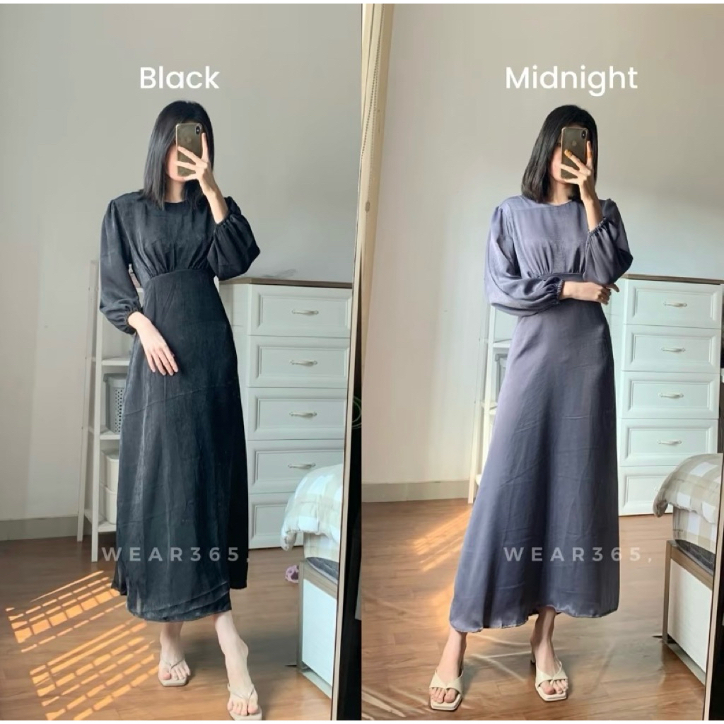 Jual prelov dress gamis satin flowy warna midnight | Shopee Indonesia