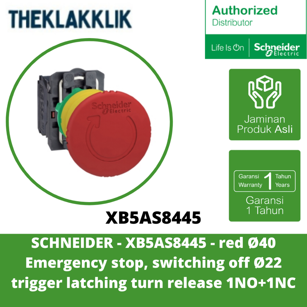Jual SCHNEIDER - XB5AS8445 - red Ø40 Emergency stop, switching off Ø22 ...