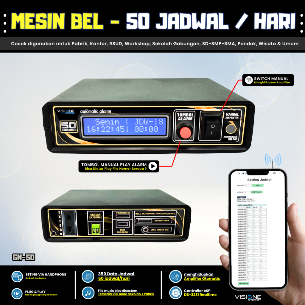 Jual BEL SEKOLAH OTOMATIS MP3 WIFI 50 JADWAL BEL PABRIK OTOMATIS MP3 ...