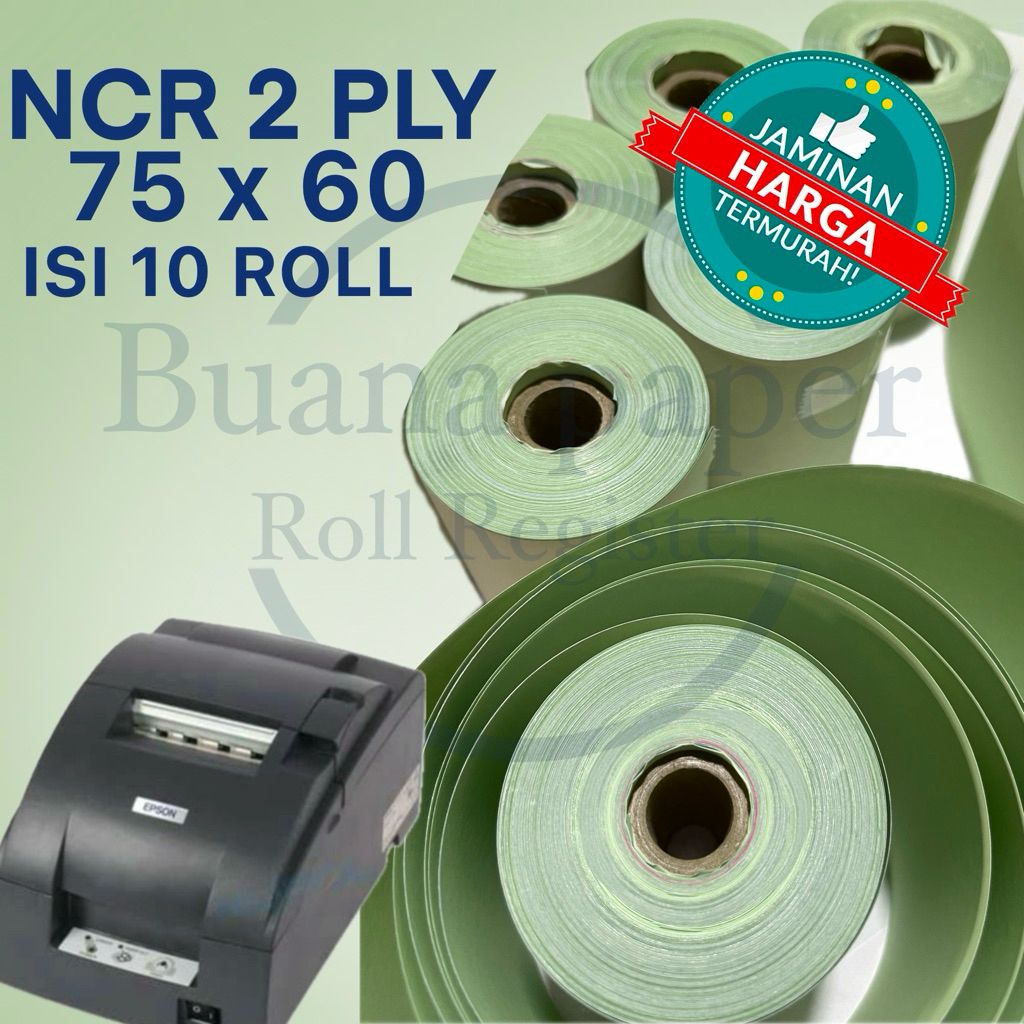 Jual KERTAS KASIR ROLL Putih Hijau NCR 2PLY 75x60 isi10roll Cocok untuk printer kasir Dot Matrix ...