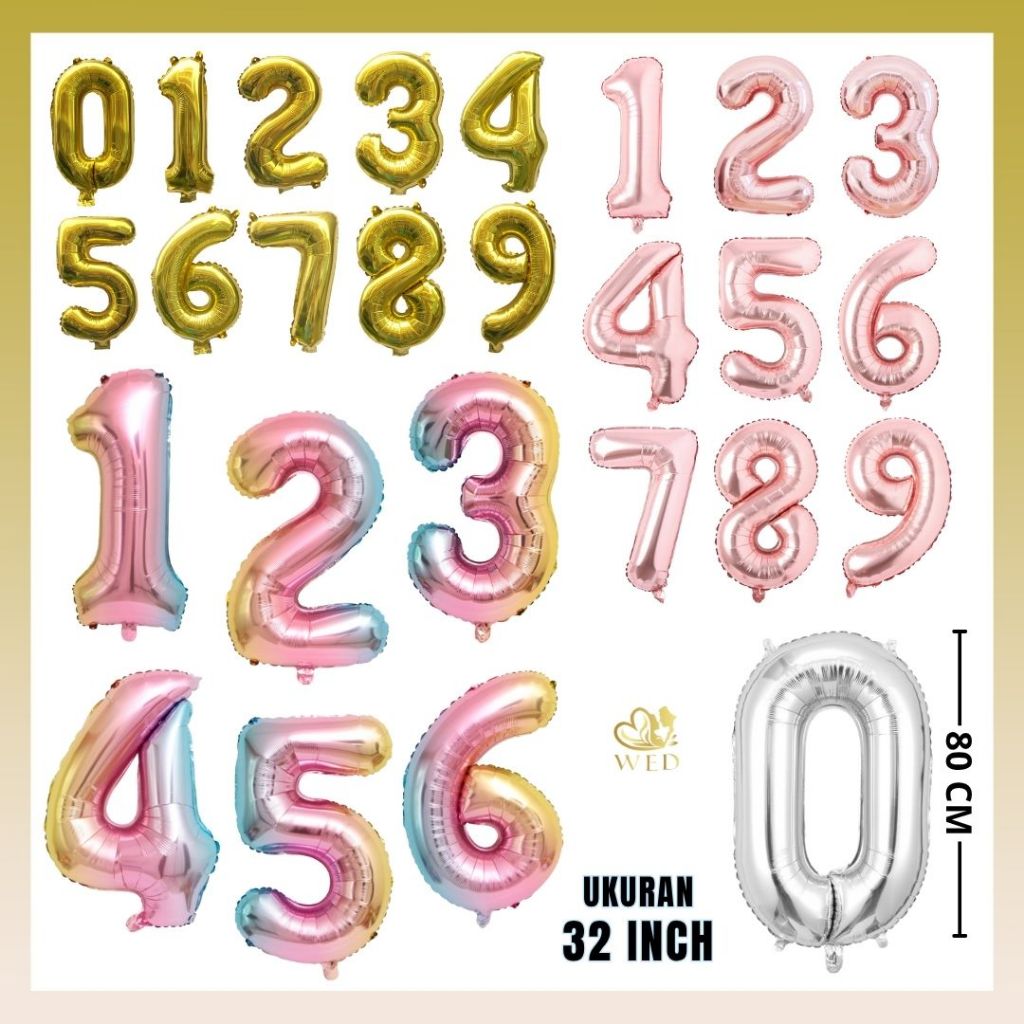 Jual WED Balon Foil Angka 32 Inch (80CM) Warna Gradasi Gold Silver ...