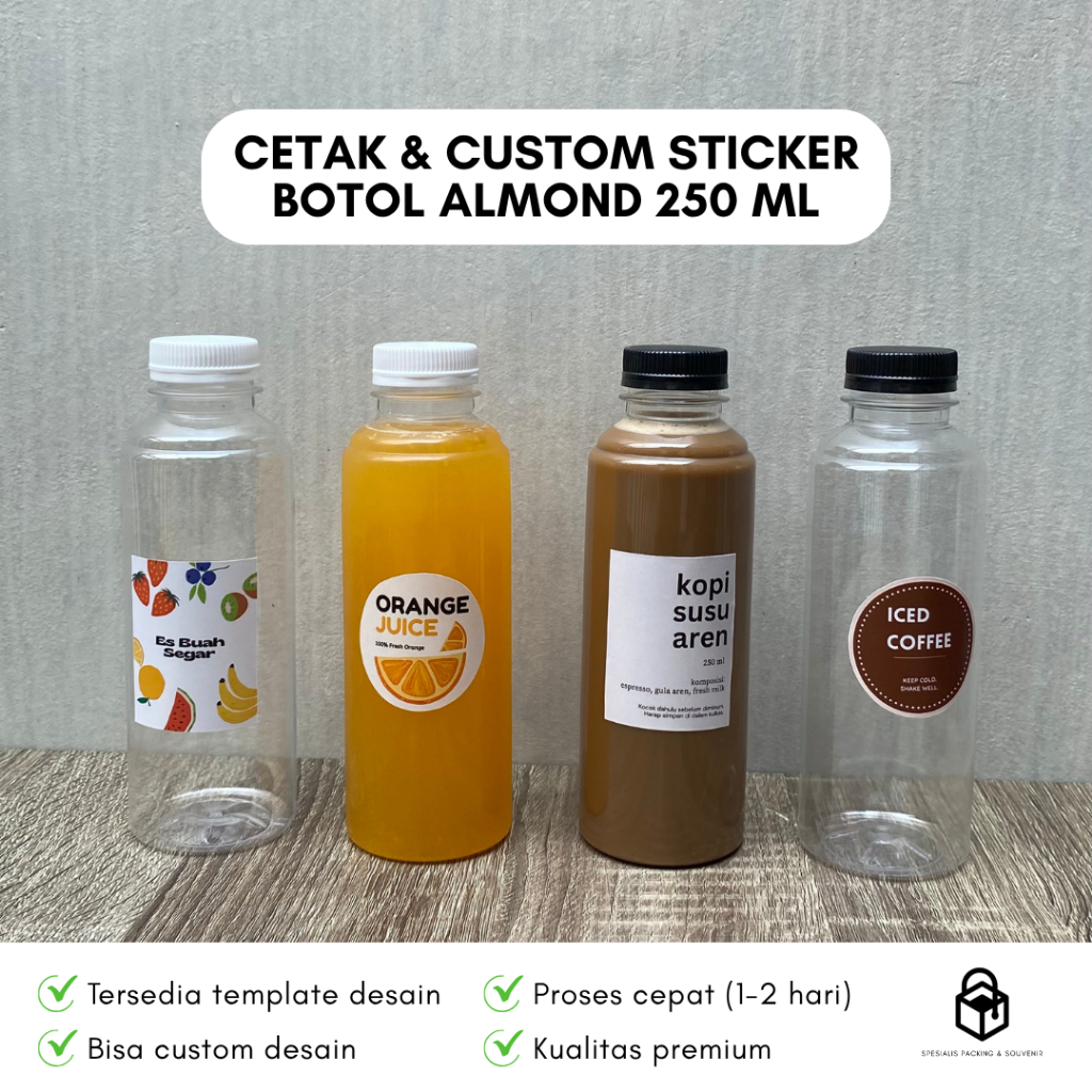 Jual Cetak Custom Stiker Botol Almond Bulat Bening 250 ml | Print Label ...