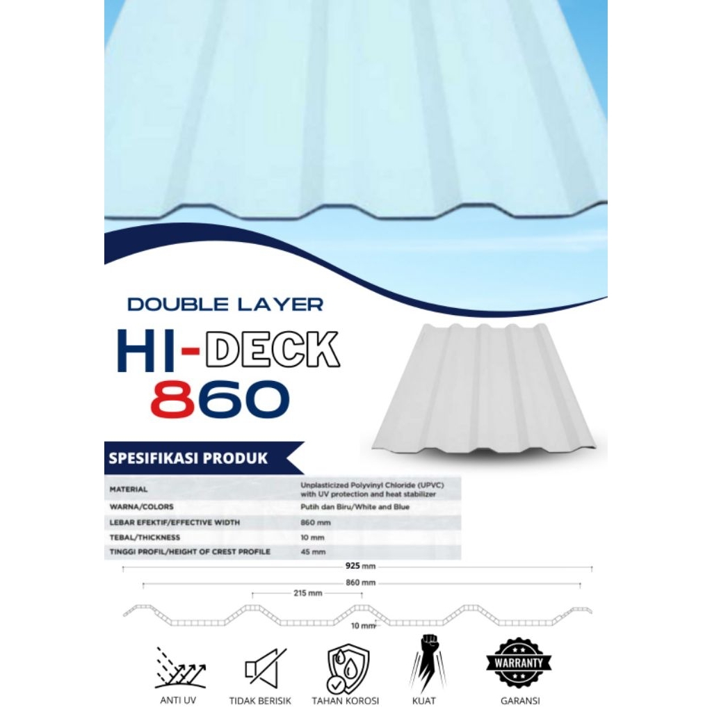 Jual ATAP UPVC ROOF HI DECK 10MM LEBAR 925 MM (EFEKTIF 860 MM) | Shopee ...