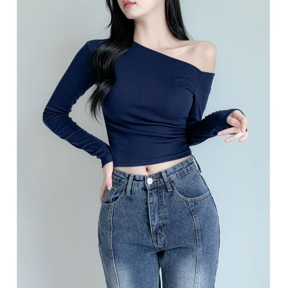 Jual Atasan Crop One Shoulder Wanita - Crop Top Sabrina Off Shoulder ...