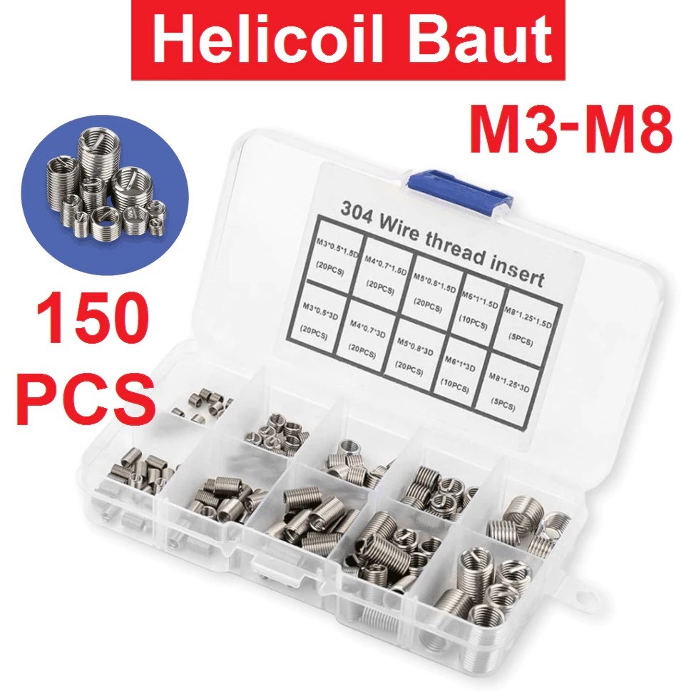 Jual 150Pcs Set M3 M4 M5 M6 M8 Recoil Helicoil BAUT KUNCI Thread Insert ...