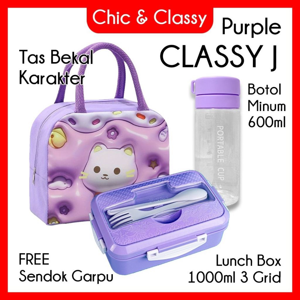 Jual CLASSY J || Kotak Makan Lunch Box Set Paket Sendok Garpu Botol Minum Tas Bekal Makan Anak ...
