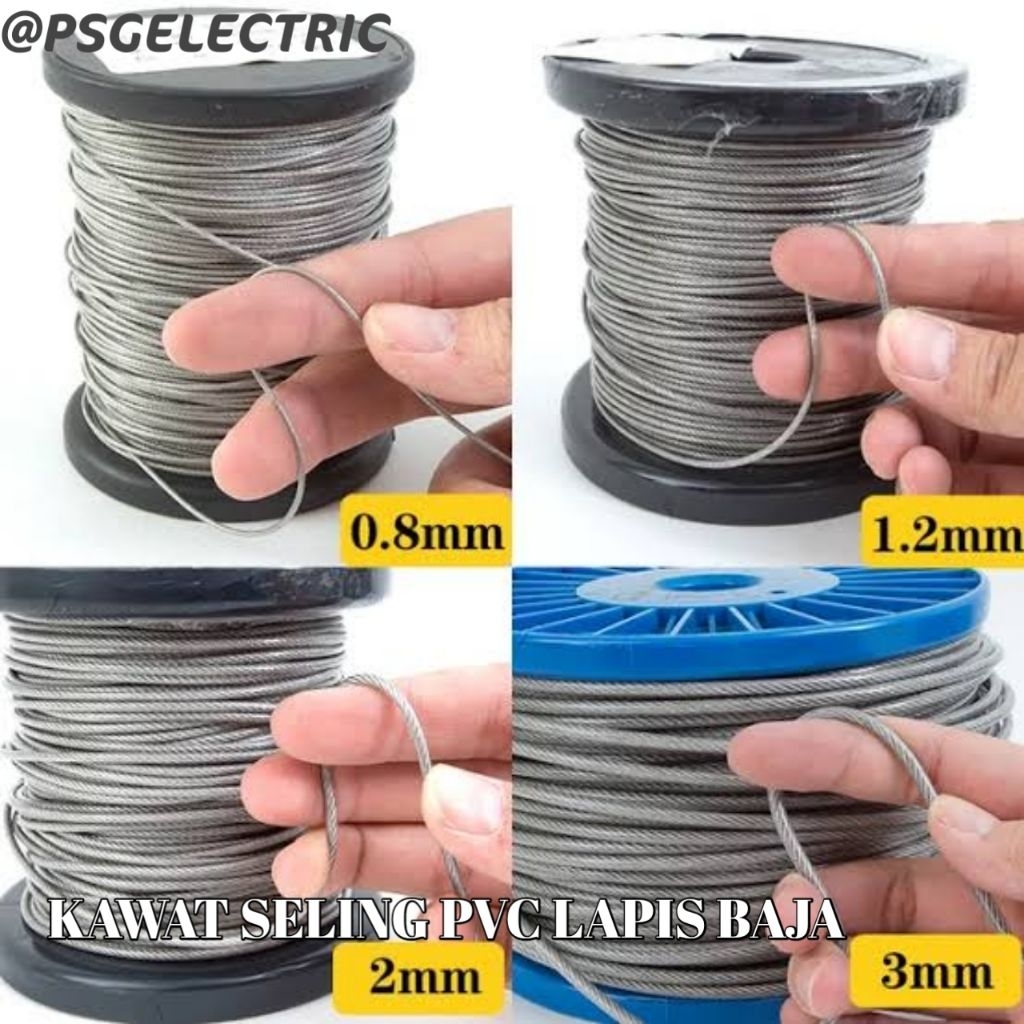 Jual kawat seling baja lapis plastik PVC 1mm 2mm 3mm 4mm 5mm 6mm 8mm kawat Sling baja lapis pvc ...
