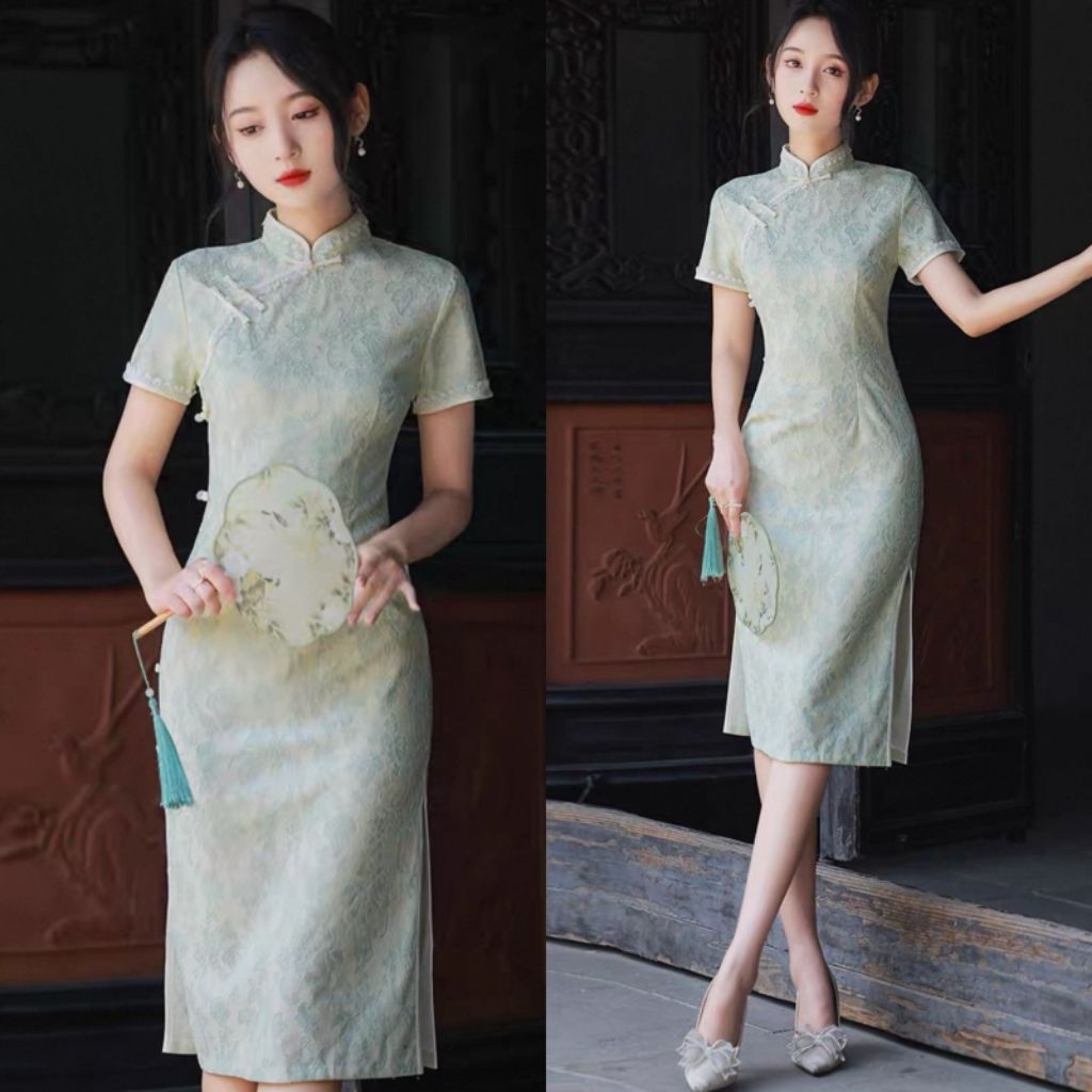 Jual Kelly Pink/Green Cheongsam Dress / Baju Imlek Sangjit | Shopee ...