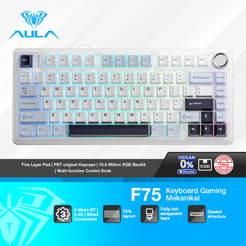 Jual AULA F75 Mechanical Keyboard Reaper Switch Glacier Blue Color ...