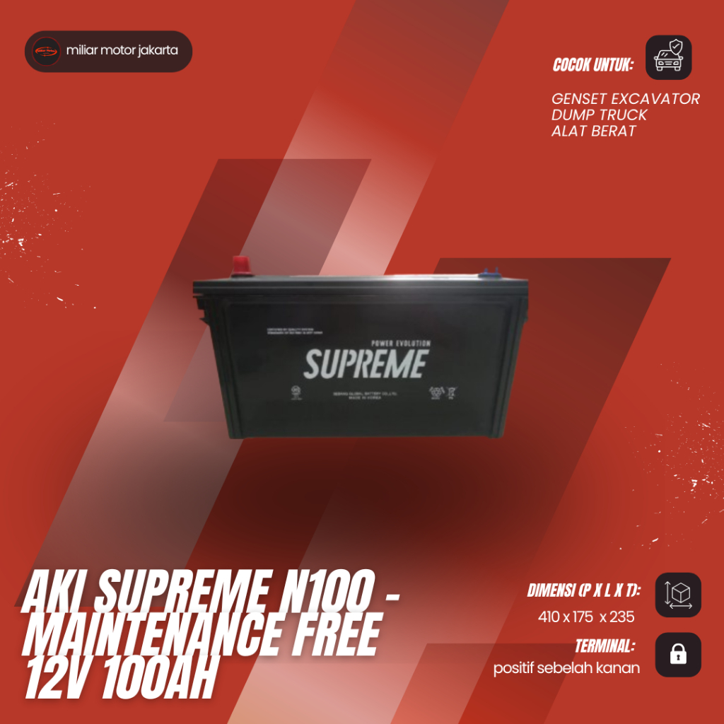 Jual Aki Supreme N100 – Maintenance Free 12V 100Ah Genset Excavator Dump Truck Alat Berat ...