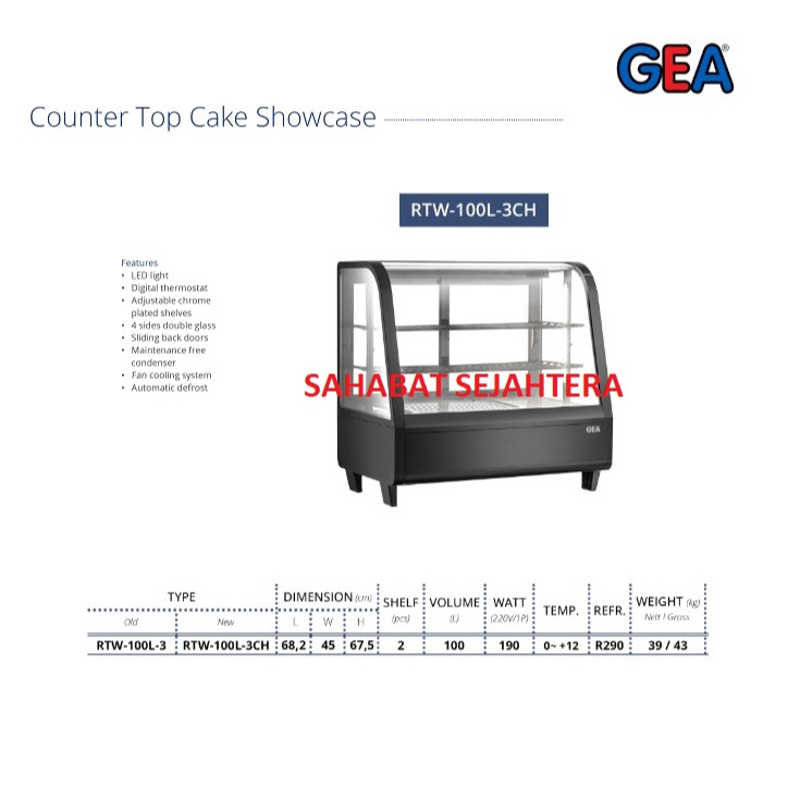 Jual GEA Counter Top Cake Showcase RTW-100L-3CH Kabinet Display ...
