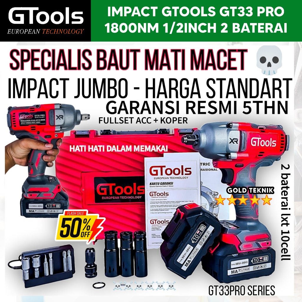 Jual GTools Impact Wrench GT33 PRO 1800NM 2 baterai pembuka roda ban ...