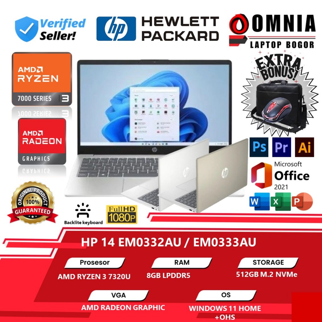 Jual Laptop Editing Murah HP 14 EM0332AU Amd Ryzen 3 7320U RAM 8GB DDR5 ...
