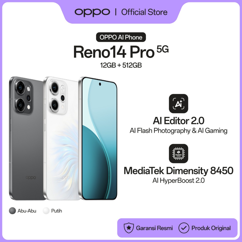 Jual OPPO Reno14 Pro 5G 12+512GB [AI Flash Photography, MTK Dimensity 8450, IP69 Underwater 4K ...