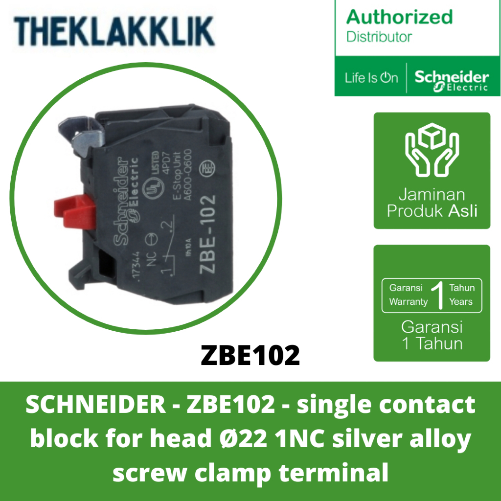 Jual SCHNEIDER - ZBE102 - single contact block for head Ø22 1NC silver ...